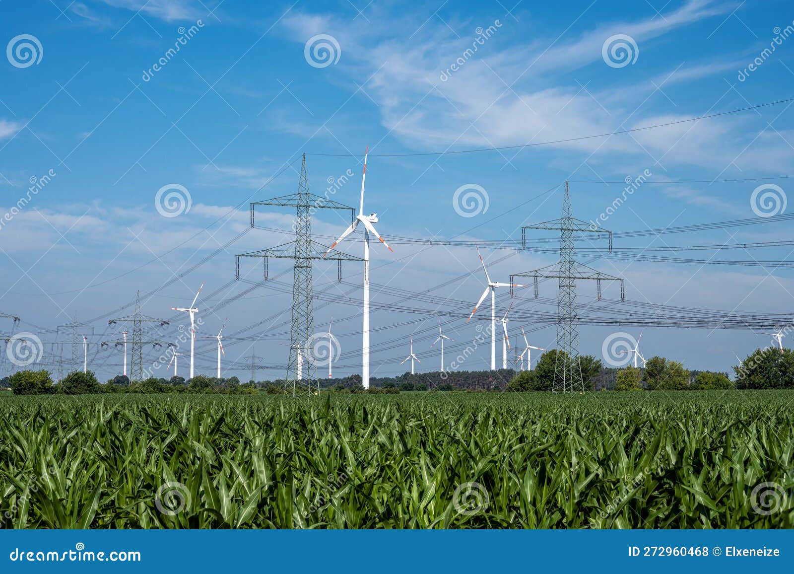 Pylons, Power Lines and Wind Turbines Stock Photo - Image of power ...