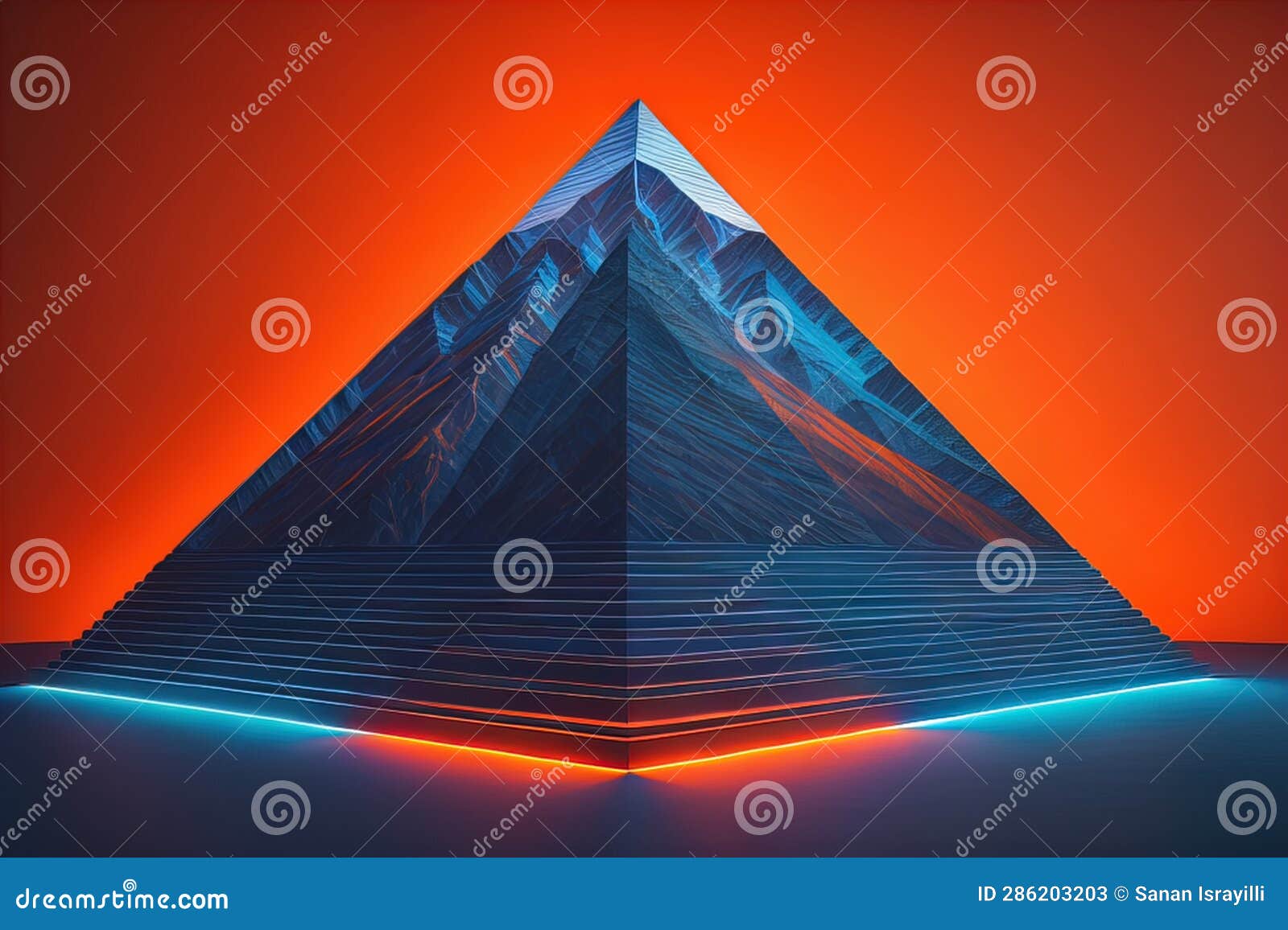Pyramid with Blue Neon Lights on Orange Background. Generative Ai Stock ...
