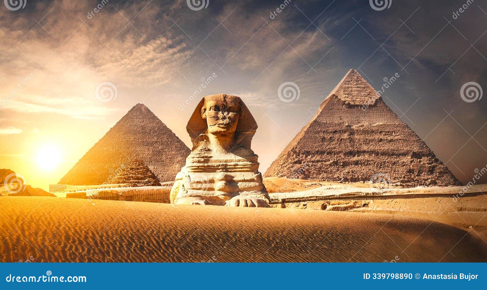 The Pyramid Of Cheops And The Great Sphinx At Giza At Sunset Stock ...