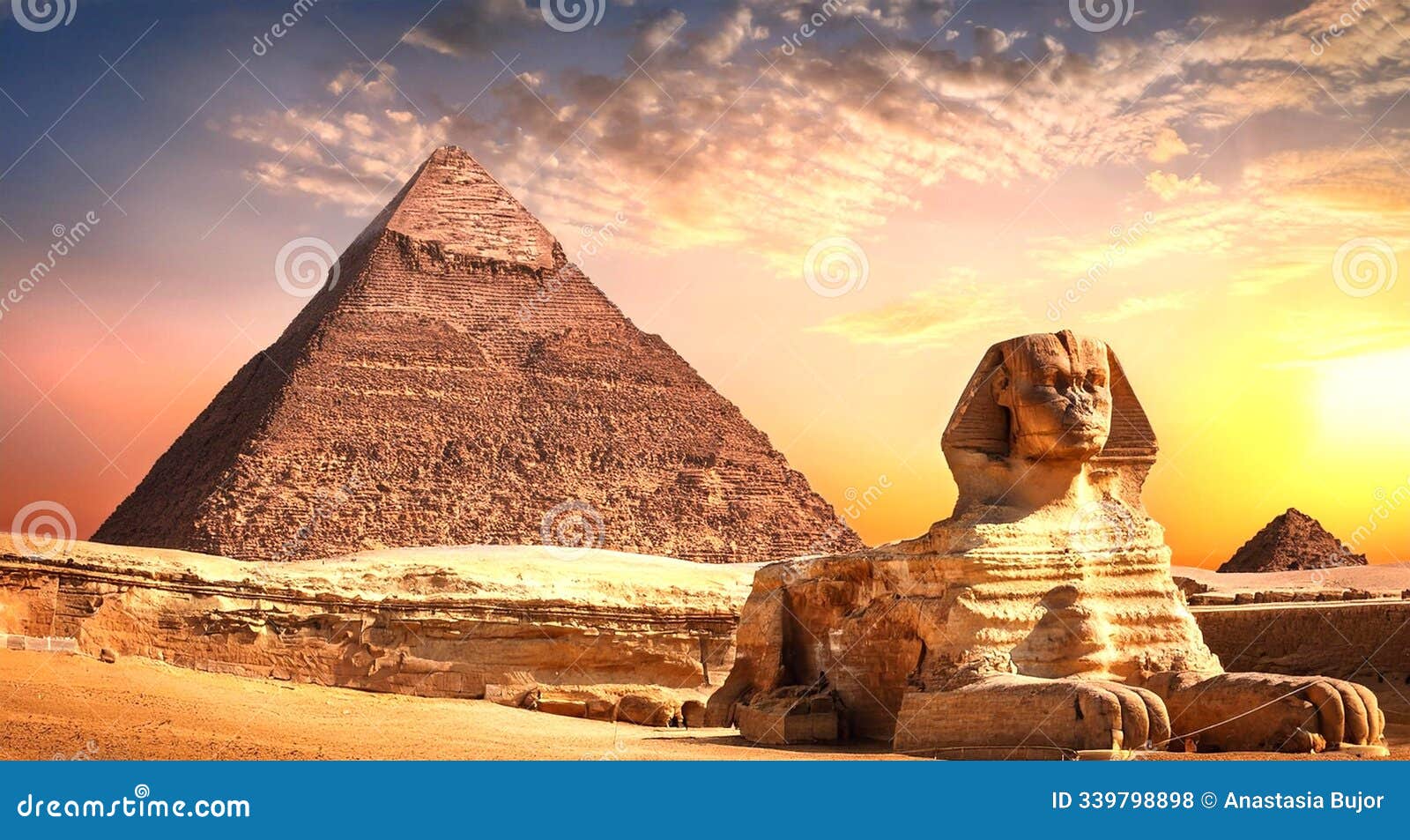 The Pyramid of Cheops and the Great Sphinx at Giza at Sunset Stock ...