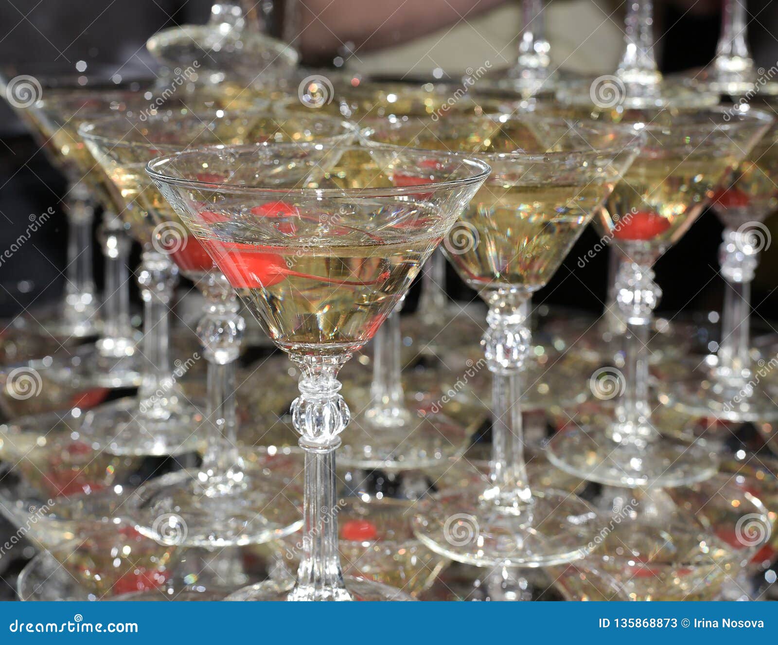 Pyramid of Glasses Filled with Sparkling Wine. Stock Image - Image of ...