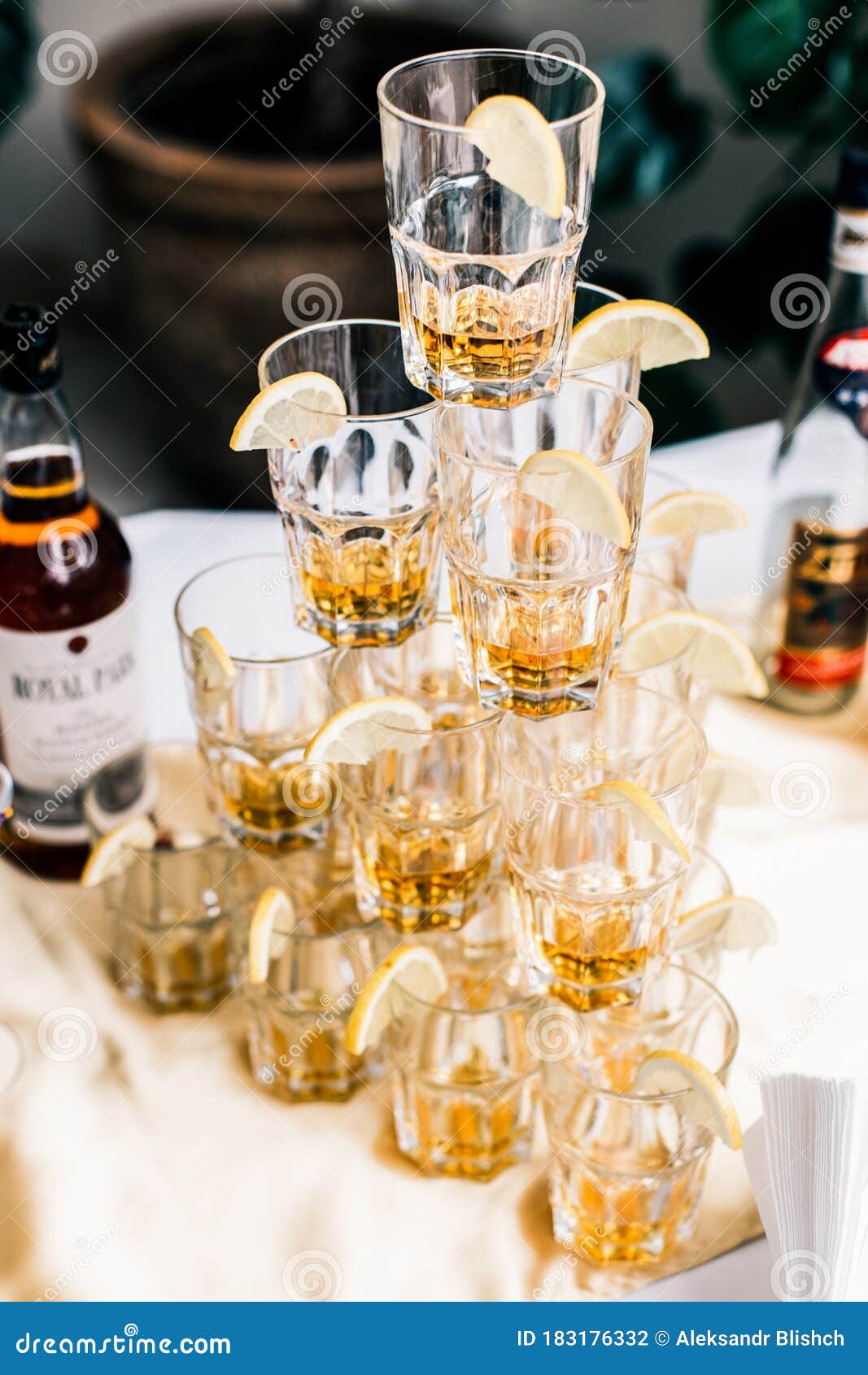 Pyramid of Glasses with Whiskey Stock Photo - Image of banquet, festive ...