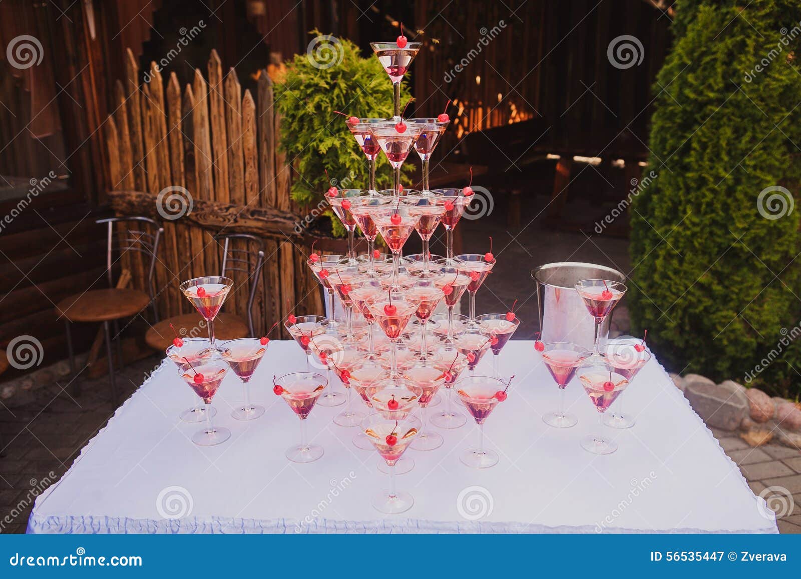 Pyramid Of Wine Glasses Filled With White And Red Champagne At Festive ...