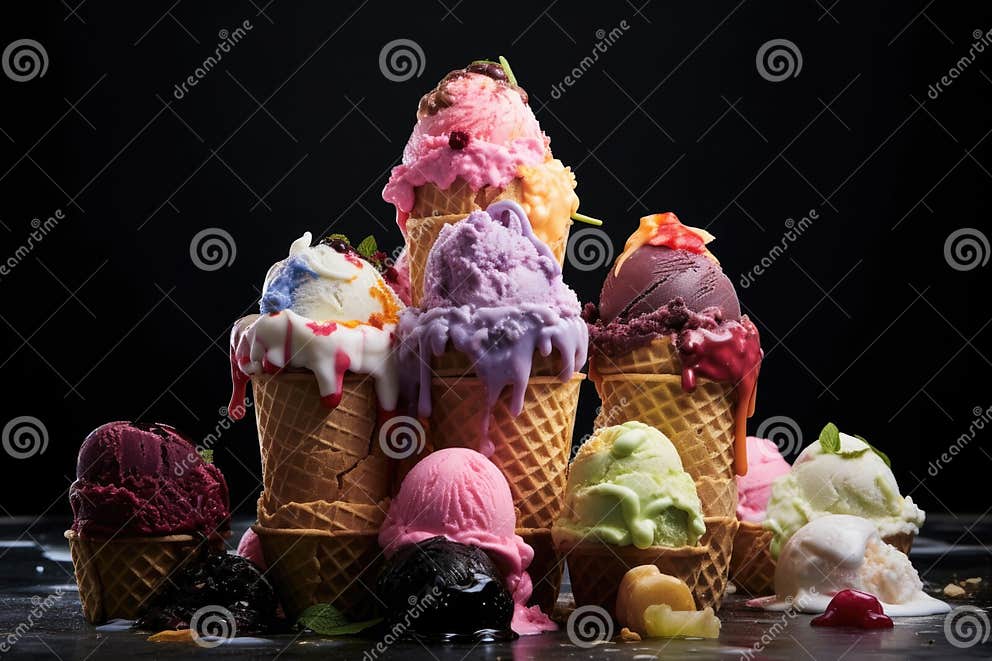 A Pyramid of Ice Cream Cones with Different Flavors in Each Layer Stock ...