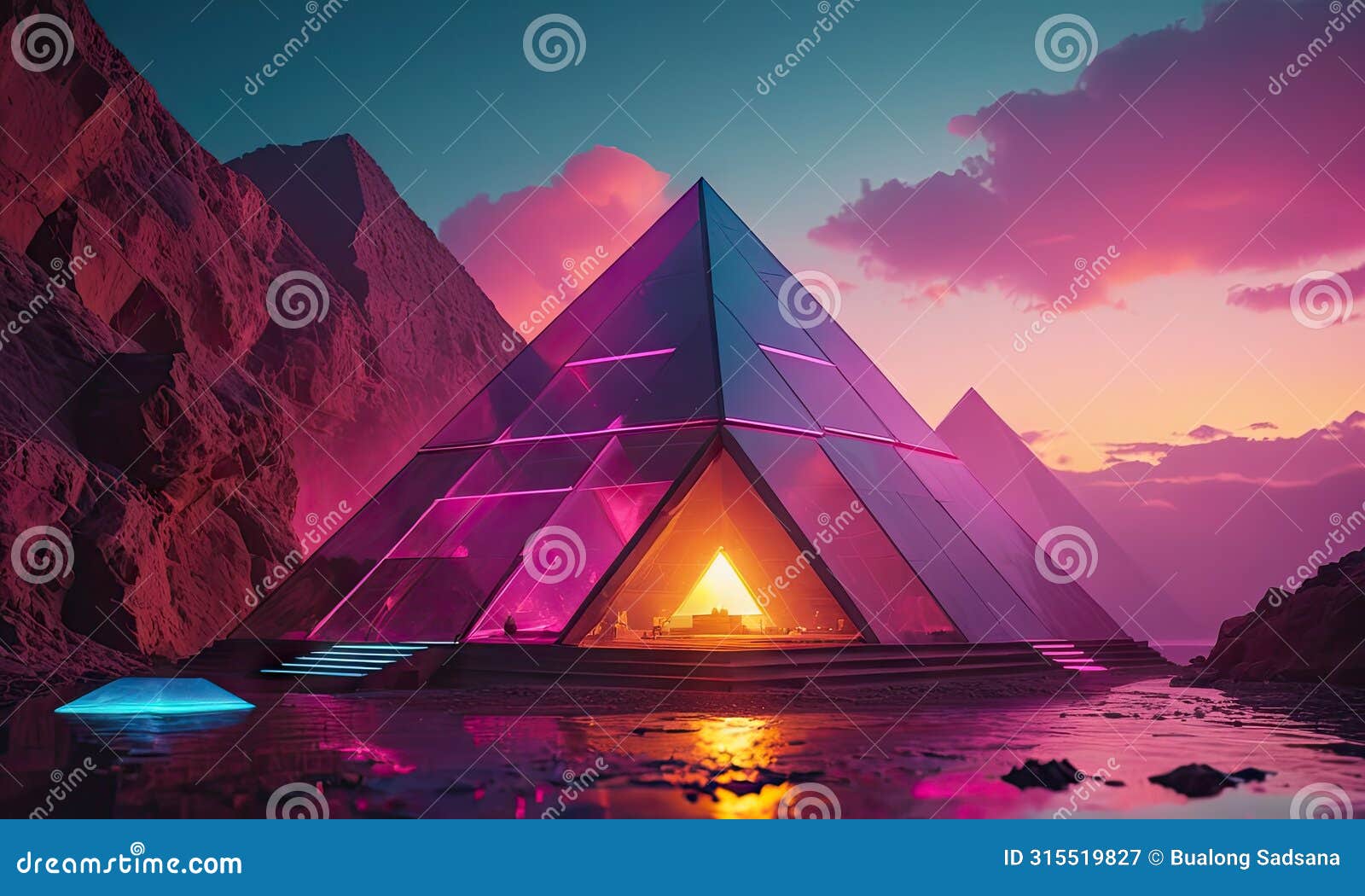 A Pyramid is Lit Up with a Yellow Light in the Middle of a River. Stock ...