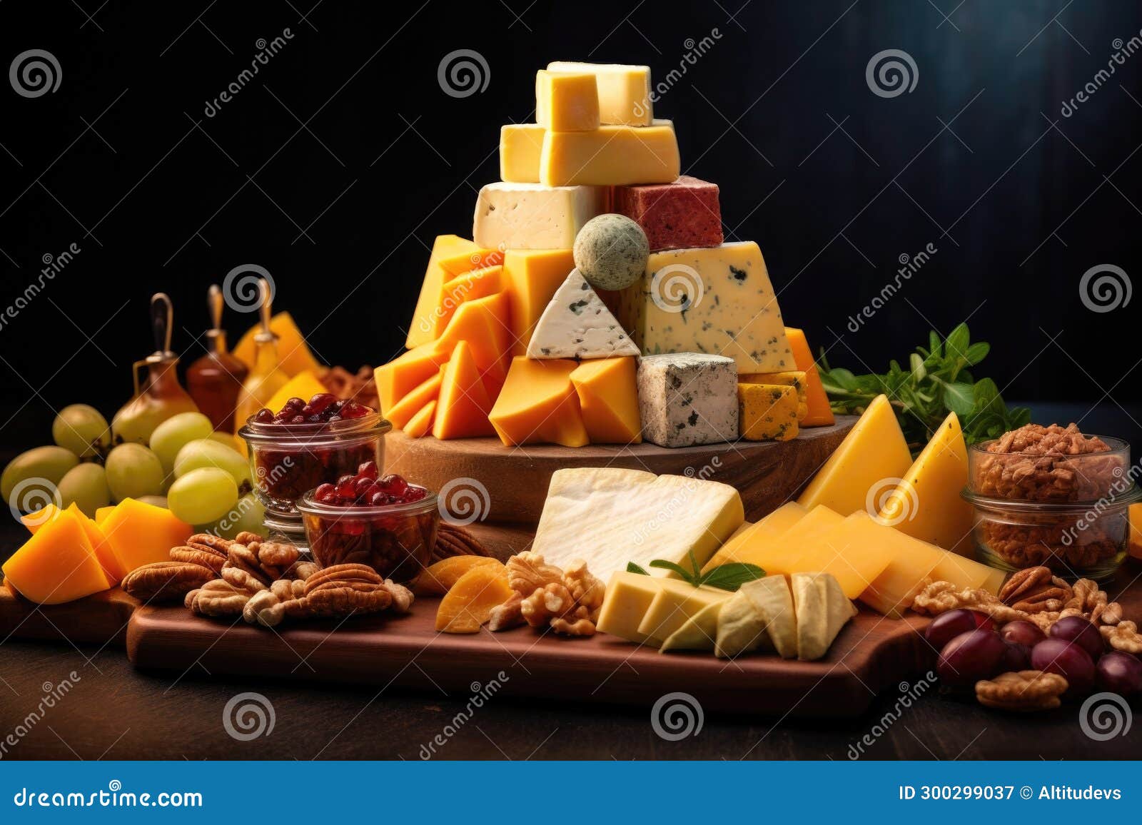 Pyramid Made of Different Types of Cheese on a Wooden Board Stock Image ...