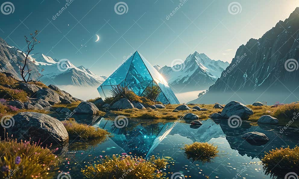 A Pyramid is in the Middle of a Field with Snow Capped Mountains in the ...