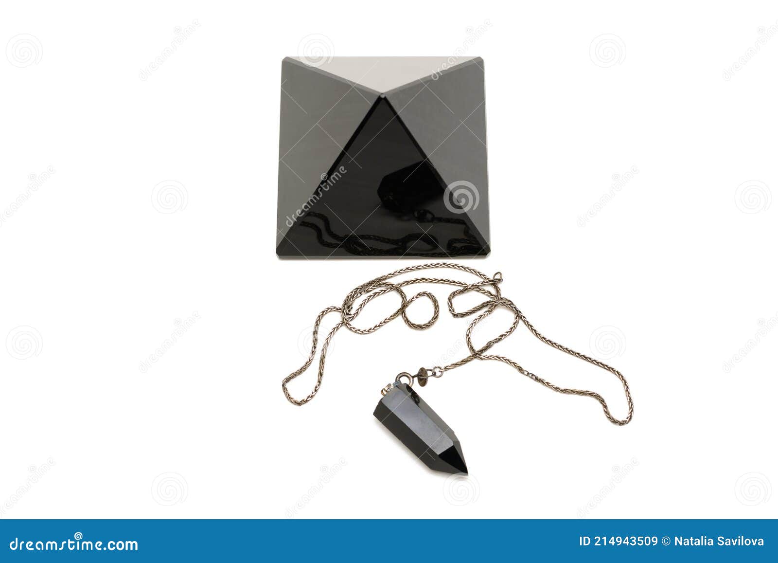Pyramid and Pendulum on Silver Chain of Black Onyx. Isolated White ...