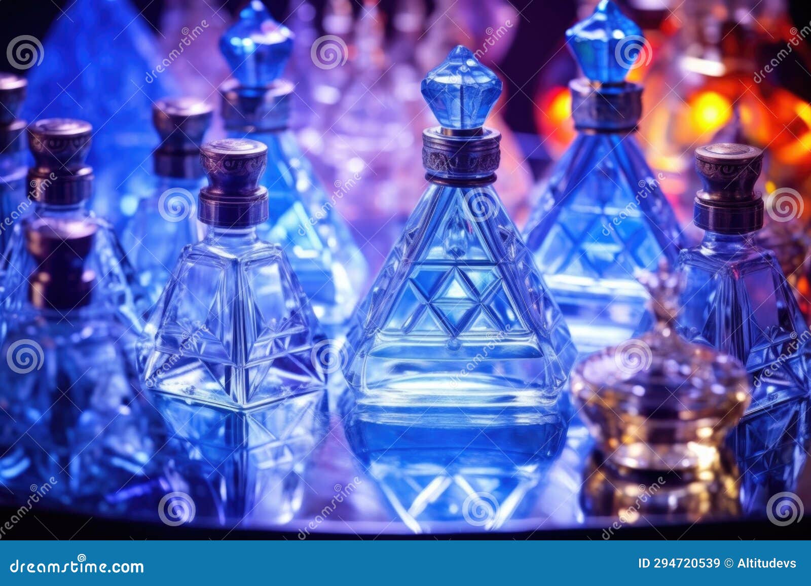 Pyramid of Perfume Bottles Under Blue Lights Stock Image - Image of ...