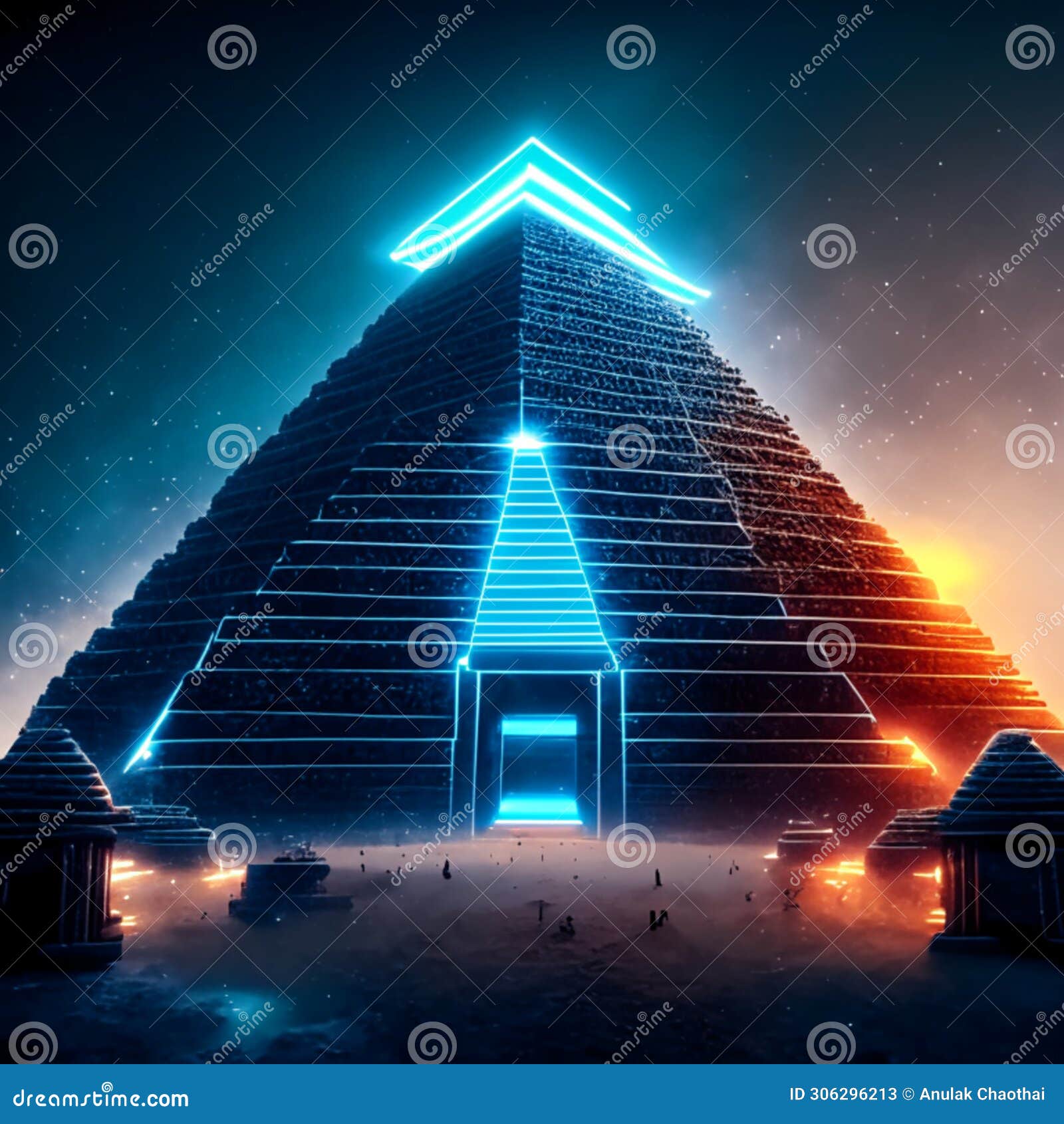 Pyramid of the Pharaohs in Neon Light 3d Rendering Generative AI Stock ...