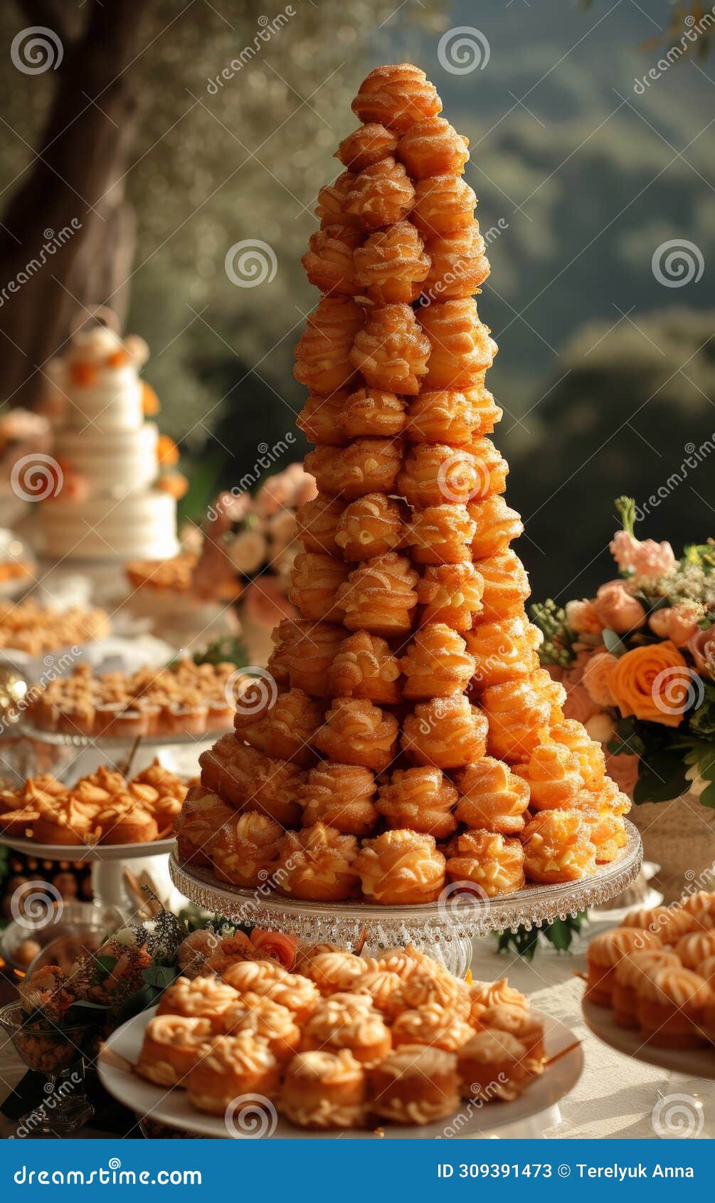 Pyramid of Profiteroles Stands on Table in Restaurant Stock Image ...