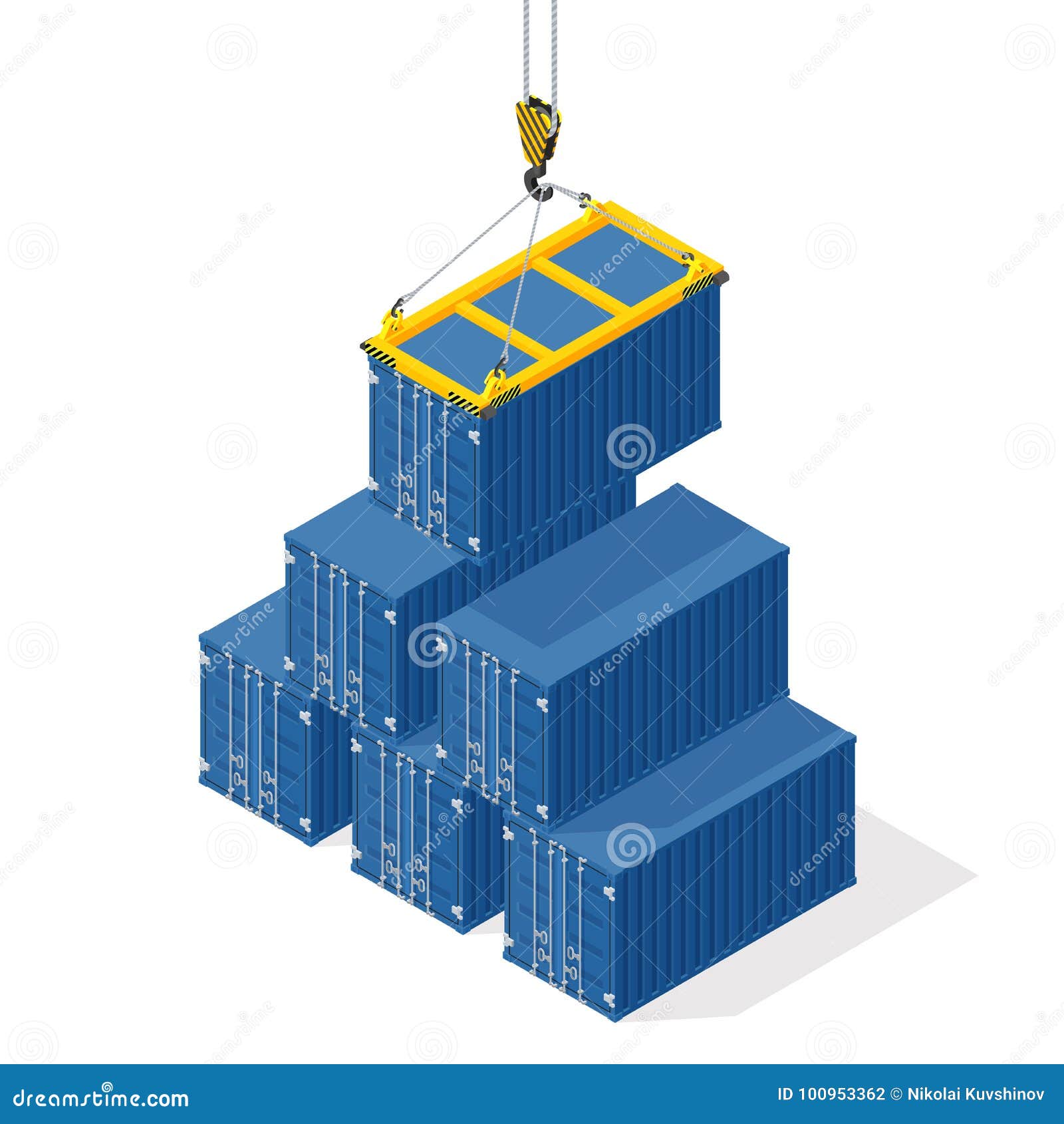 Pyramid Of Sea Containers. The Top Container Lowered The Crane Vector ...