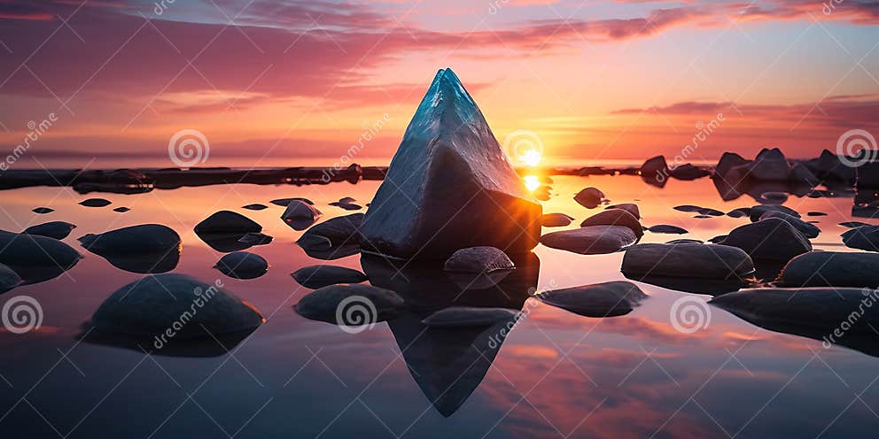 Pyramid in the Sea at Sunset. 3d Render Illustration Stock Illustration ...