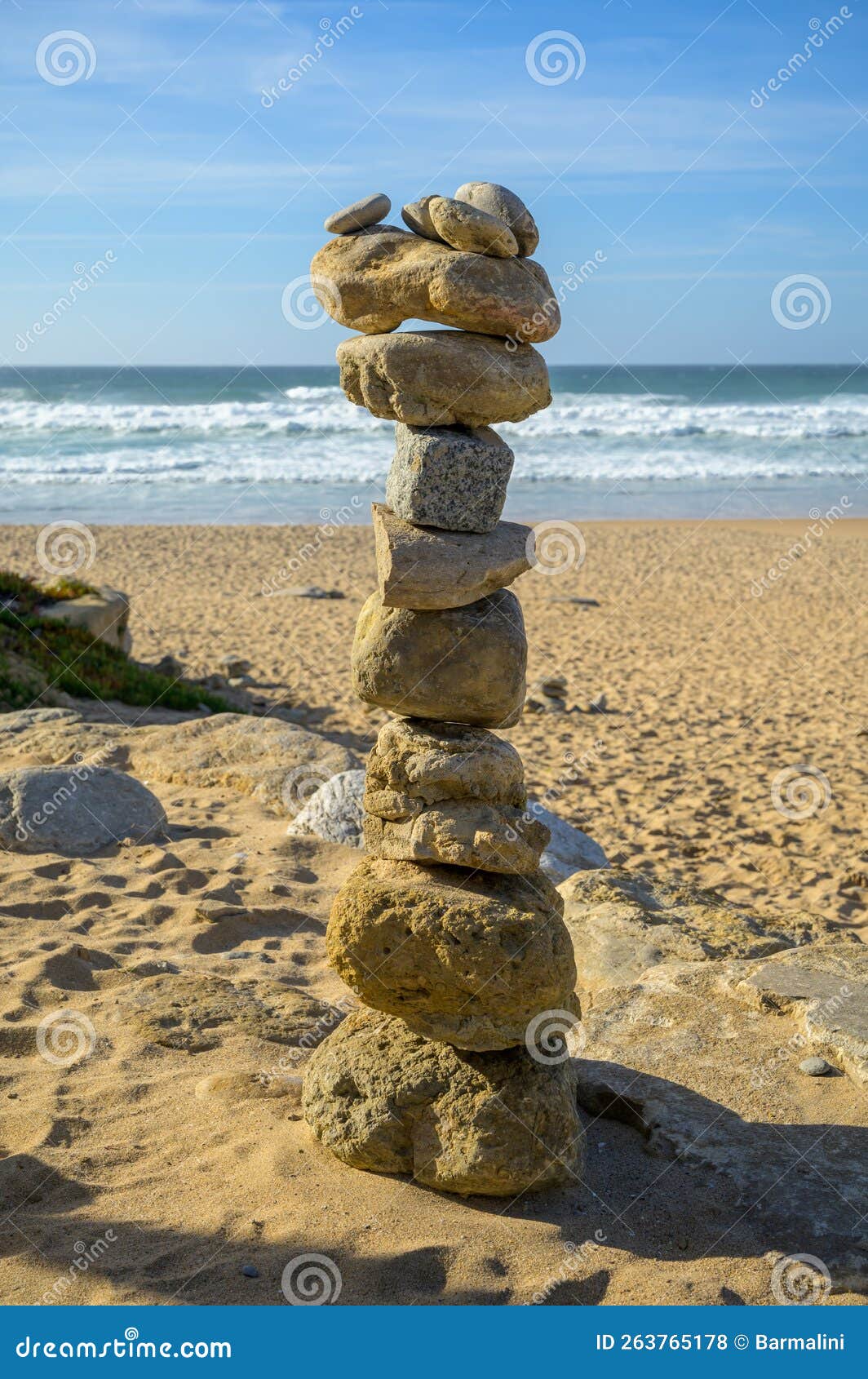 Pyramid from Stack Balanced Stones on Sandy Beach, Atlantic Ocean ...
