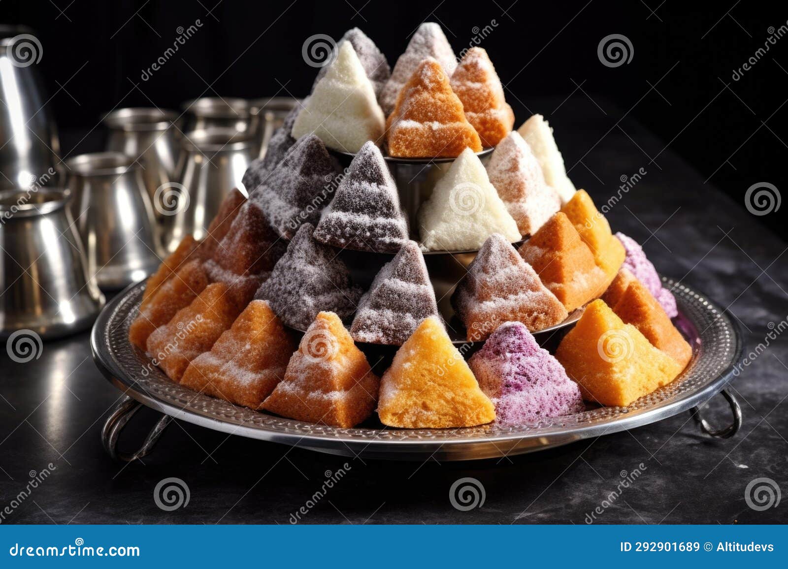 A Pyramid Stack of Various Flavored Donuts on a Silver Tray Stock Image ...