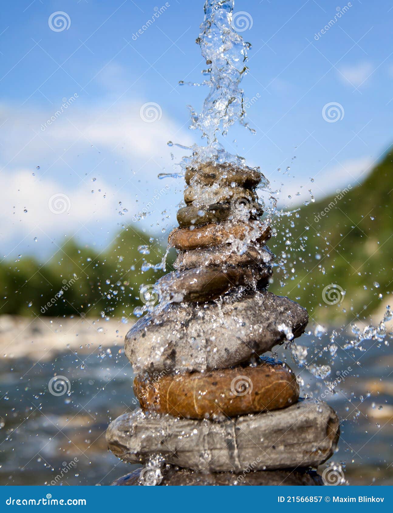 Pyramid of Stones beside a Mountain River Stock Image - Image of clouds ...