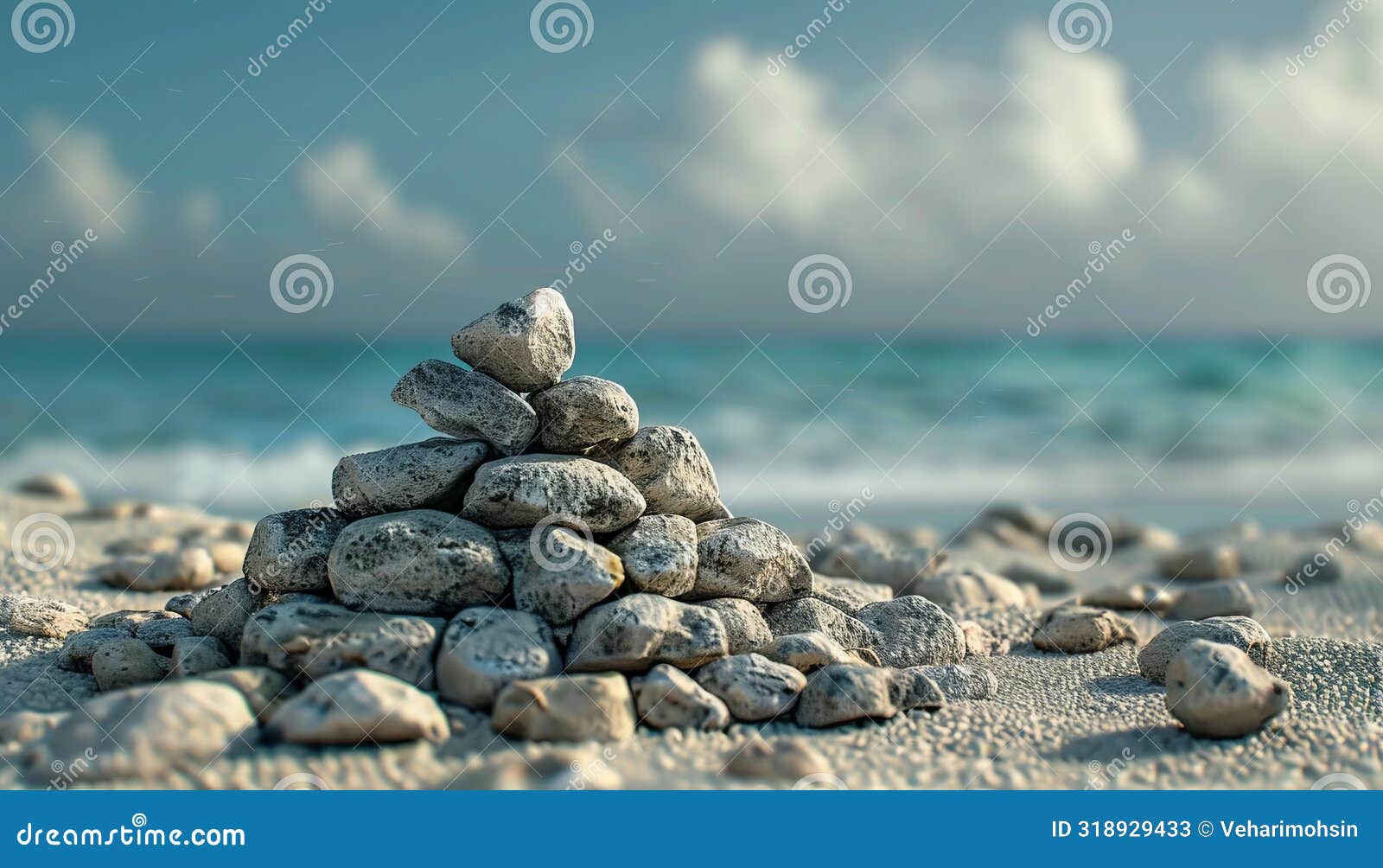 Pyramid of the Stones on the Sandy Beach at Ocean Background. Stock ...
