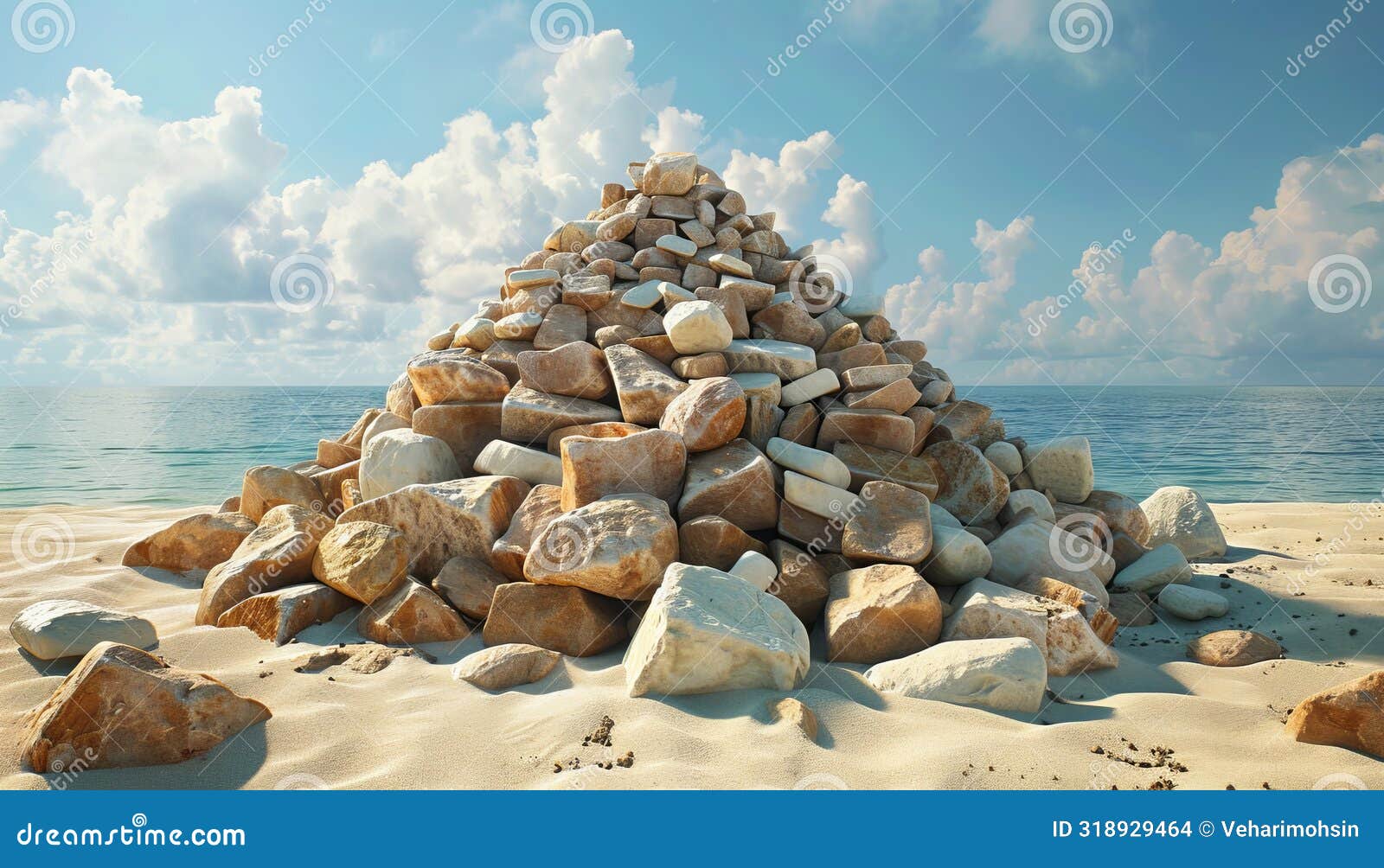 Pyramid of the Stones on the Sandy Beach at Ocean Background. Stock ...