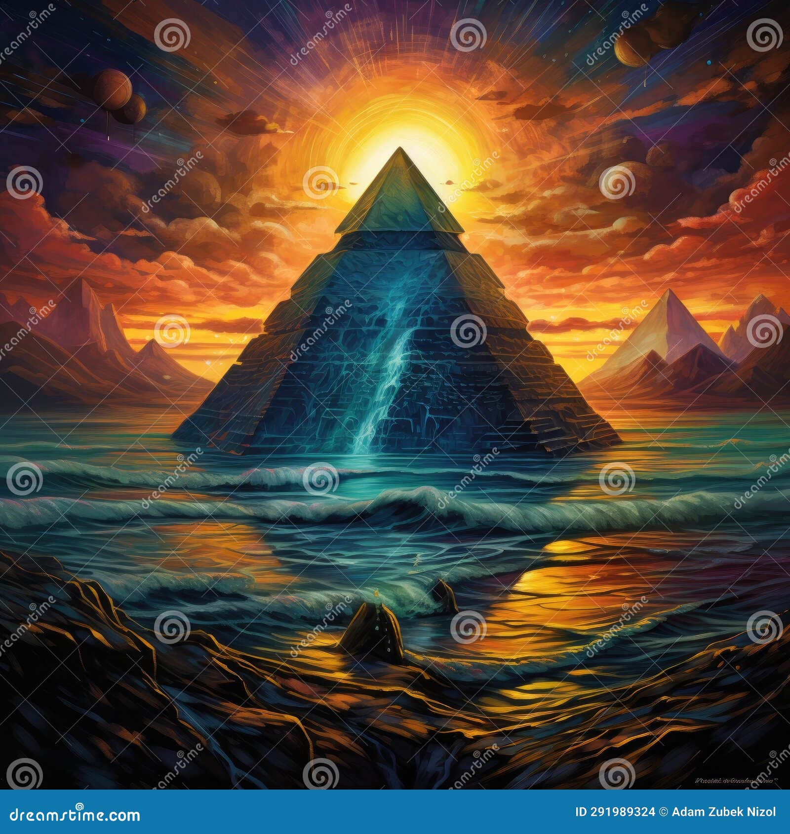 A pyramid in the water stock illustration. Illustration of sunrise ...