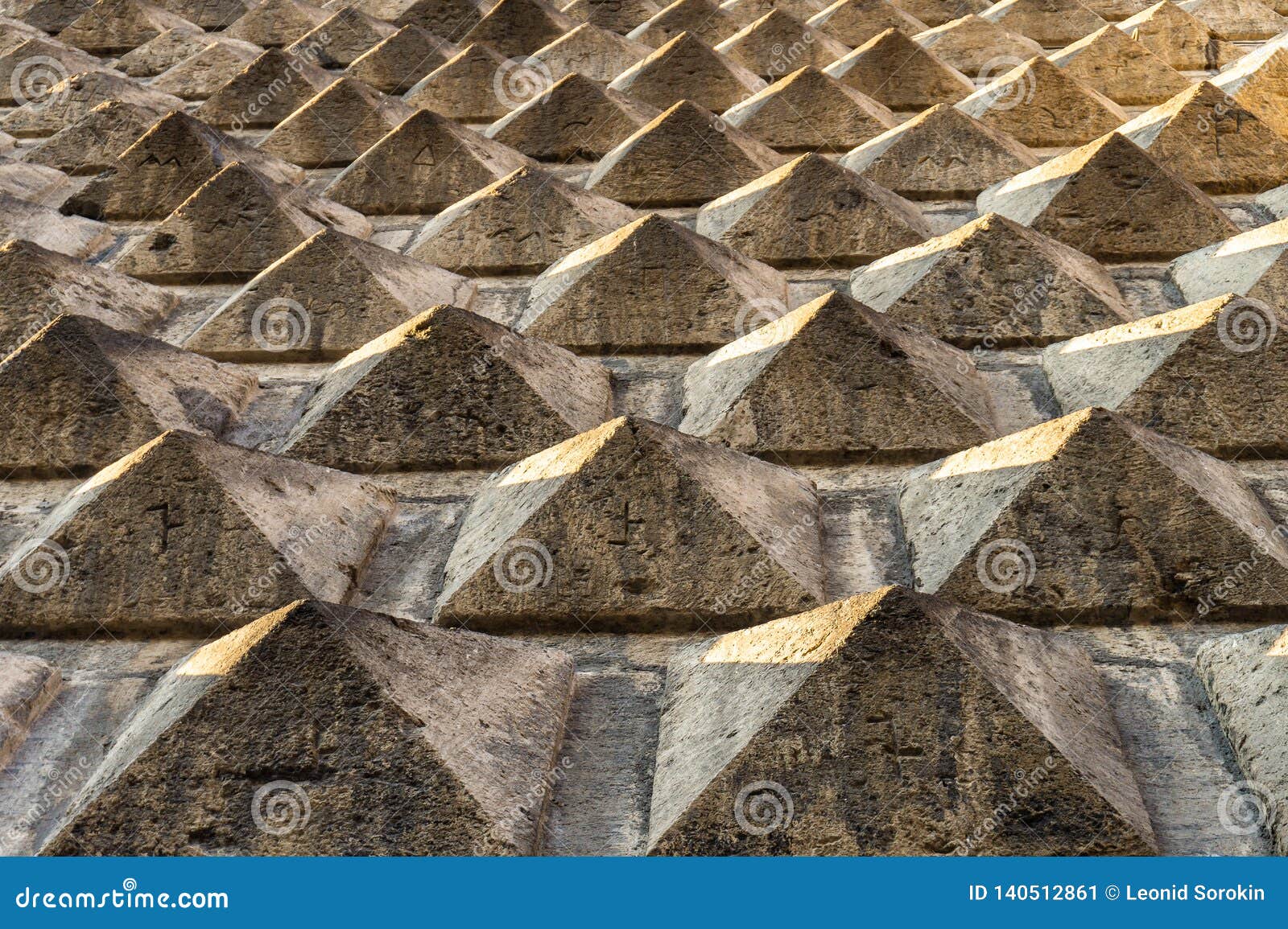 Pyramids 3d Relief in Stone Brick Work on the Facade of Building Close ...