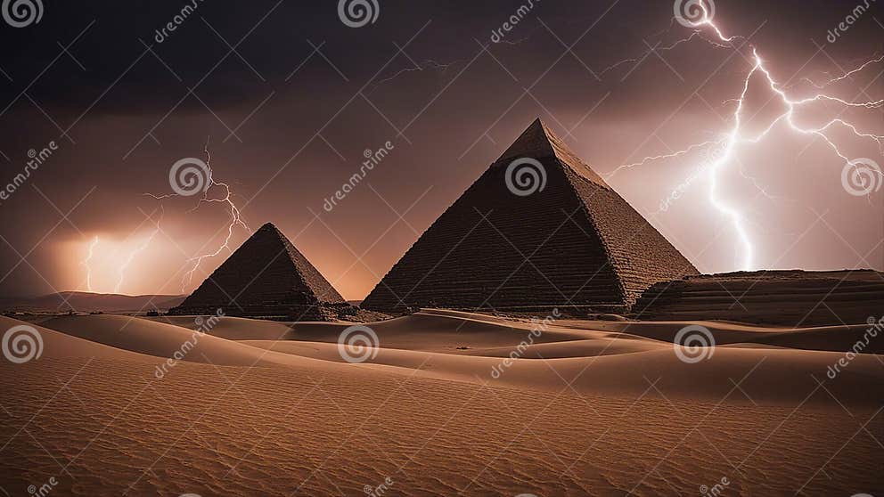 Pyramids in the Desert _A Dramatic Scene of a Pyramid and Lightning ...