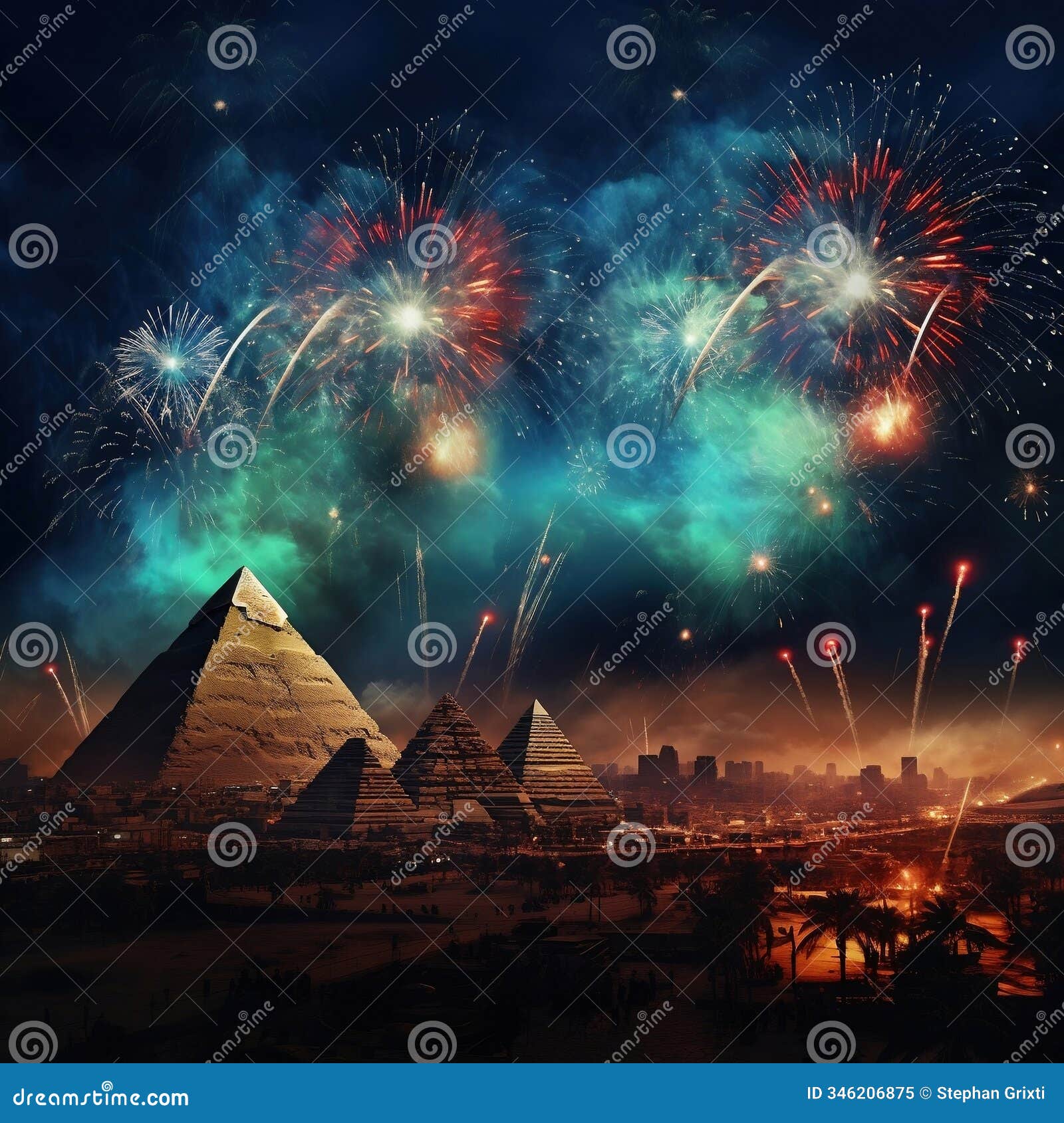 The Pyramids in Egypt with Fireworks - Landscape Photography Stock ...