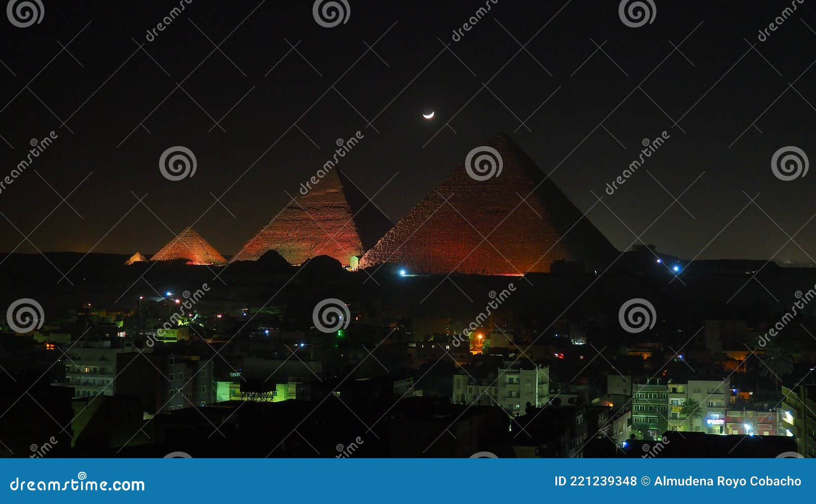 The Pyramids of Giza at Night Stock Photo - Image of light, evening ...