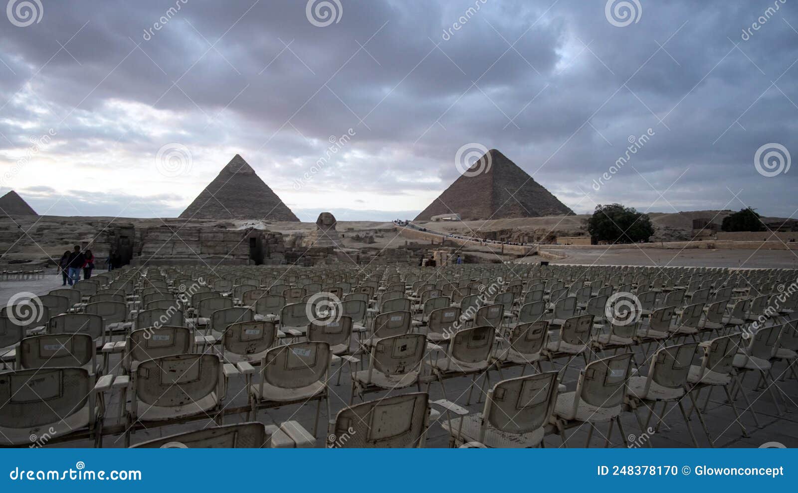 Pyramids of Giza with Sphinx and Rows of Light Show Seat Preparation ...