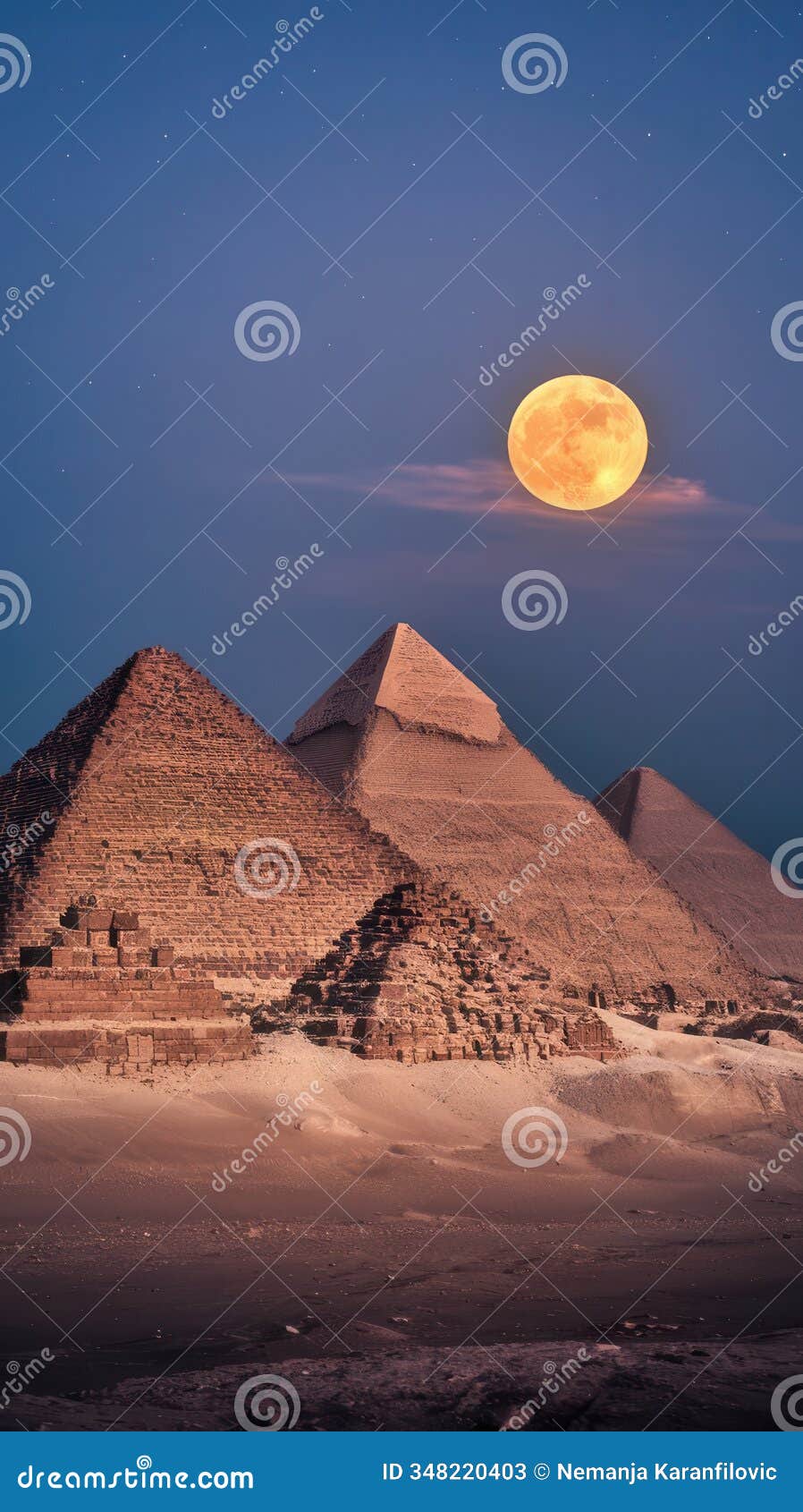 Pyramids of Giza Under a Dusk Sky with Full Moon and Clouds Stock ...