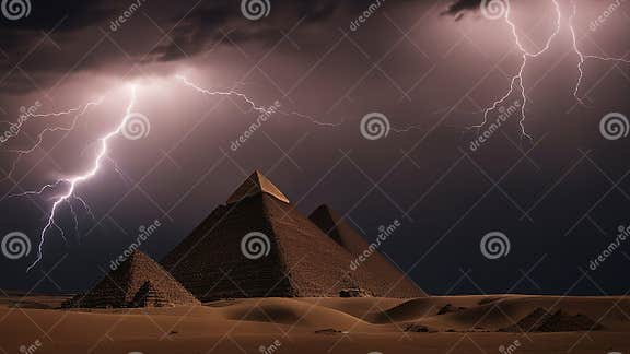 Pyramids in the Night _A Dramatic Scene of a Pyramid and Lightning ...