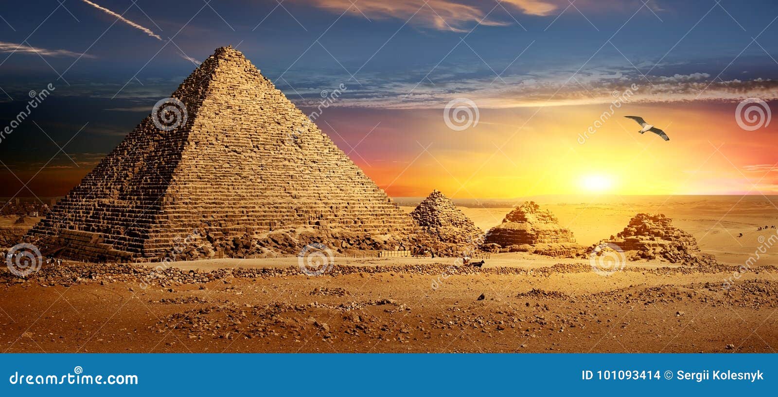 Pyramids at sunset stock photo. Image of famous, site - 101093414