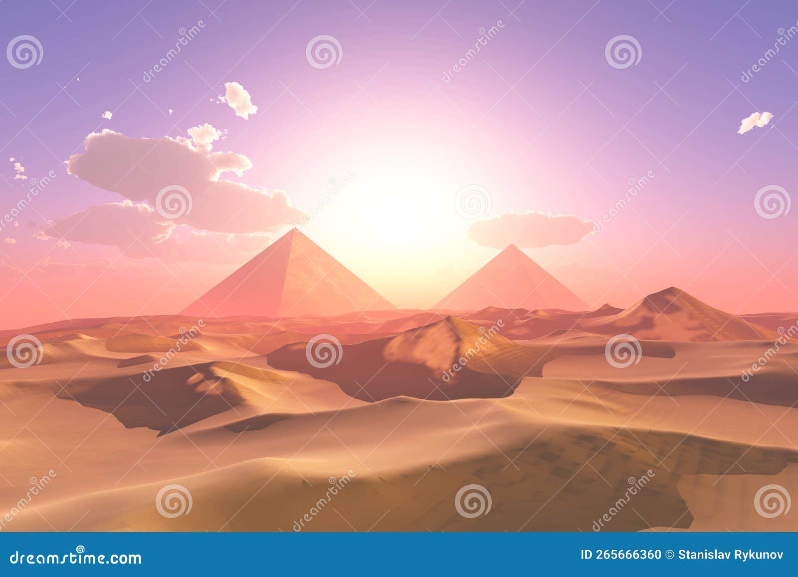 .Pyramids at Sunset, Sunrise Over the Dunes, Stock Illustration ...