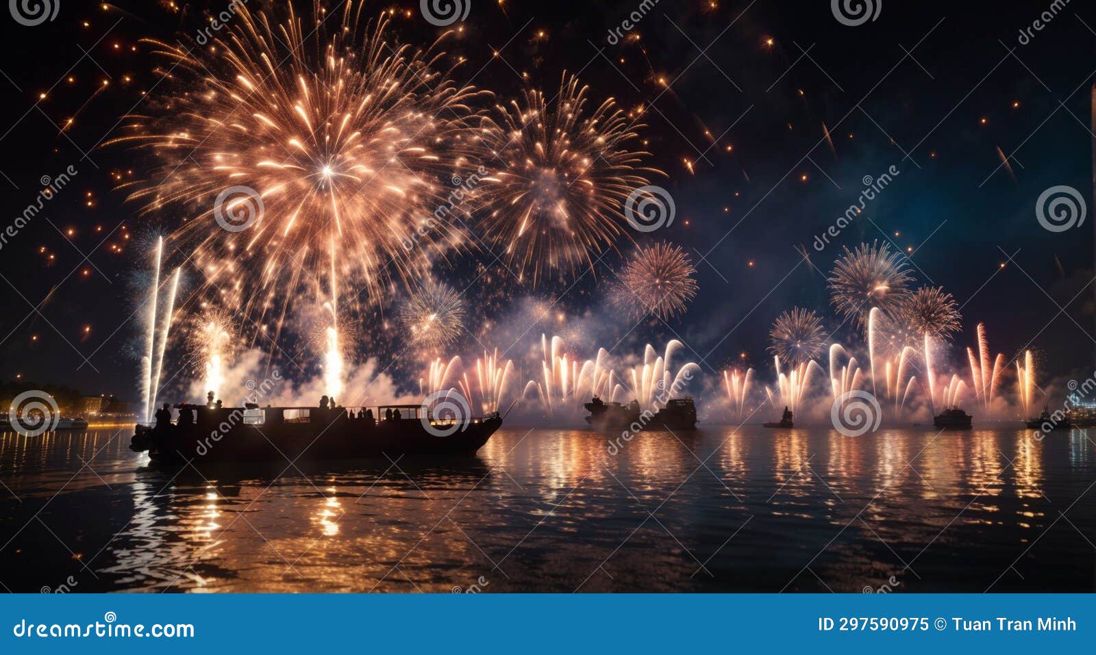 Reflection of the Fireworks and Silhouettes Stock Image - Image of ...