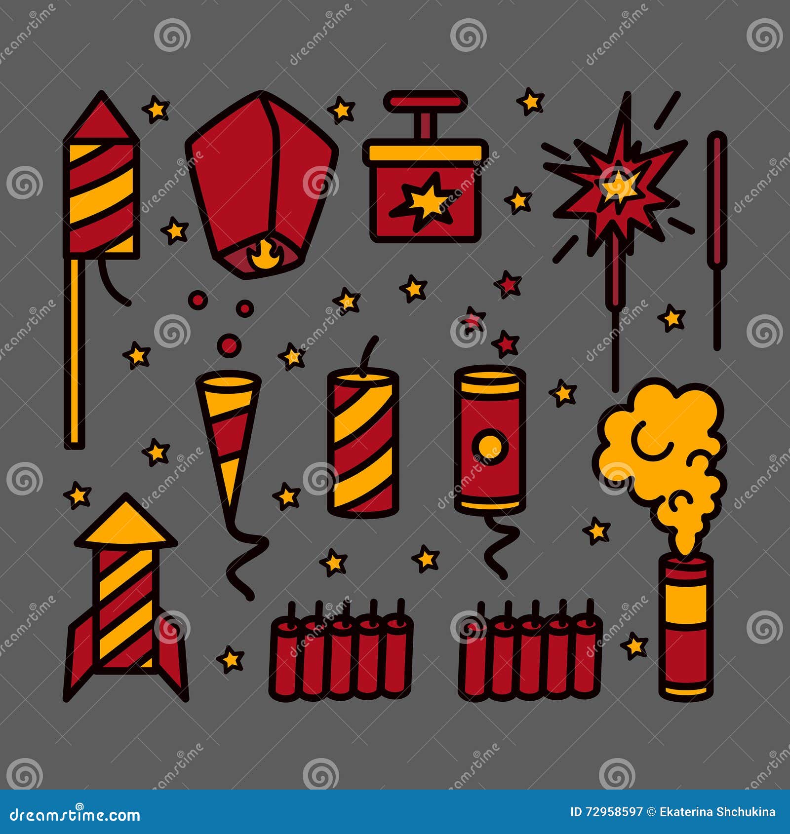 Pyrotechnic icons stock vector. Illustration of party - 72958597