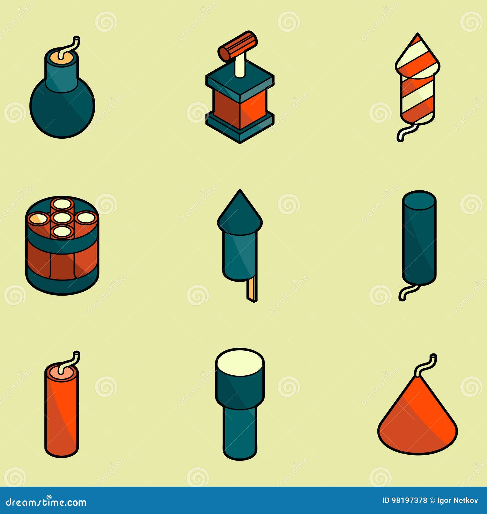 Pyrotechnics Color Outline Isometric Icons Stock Vector - Illustration ...