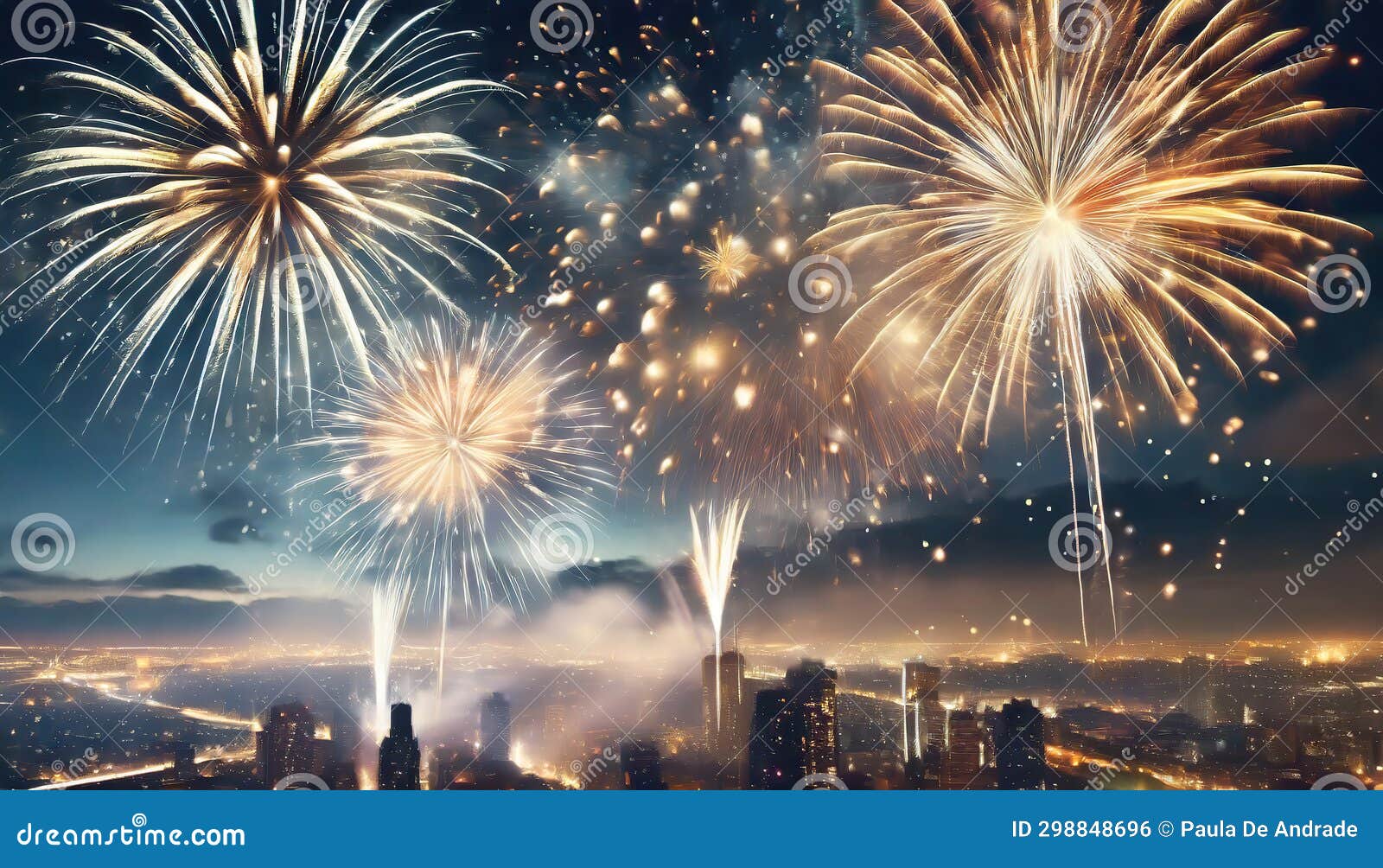 Pyrotechnics and Fireworks in City Background with City Sky Stock ...