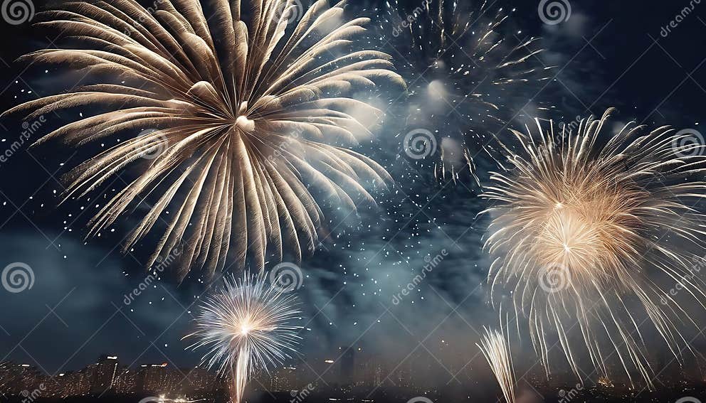 Pyrotechnics and Fireworks in City Background with City Sky Stock ...