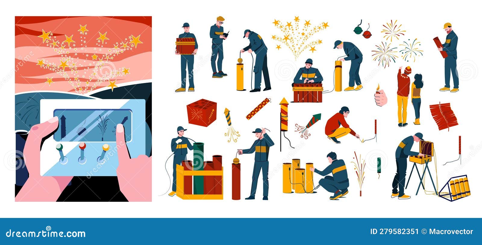 Pyrotechnics Fireworks Launch Flat Composition Set Stock Vector ...