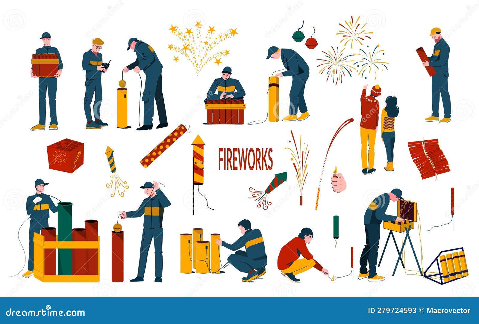 Pyrotechnics Fireworks Launch Flat Icon Set Stock Vector - Illustration ...