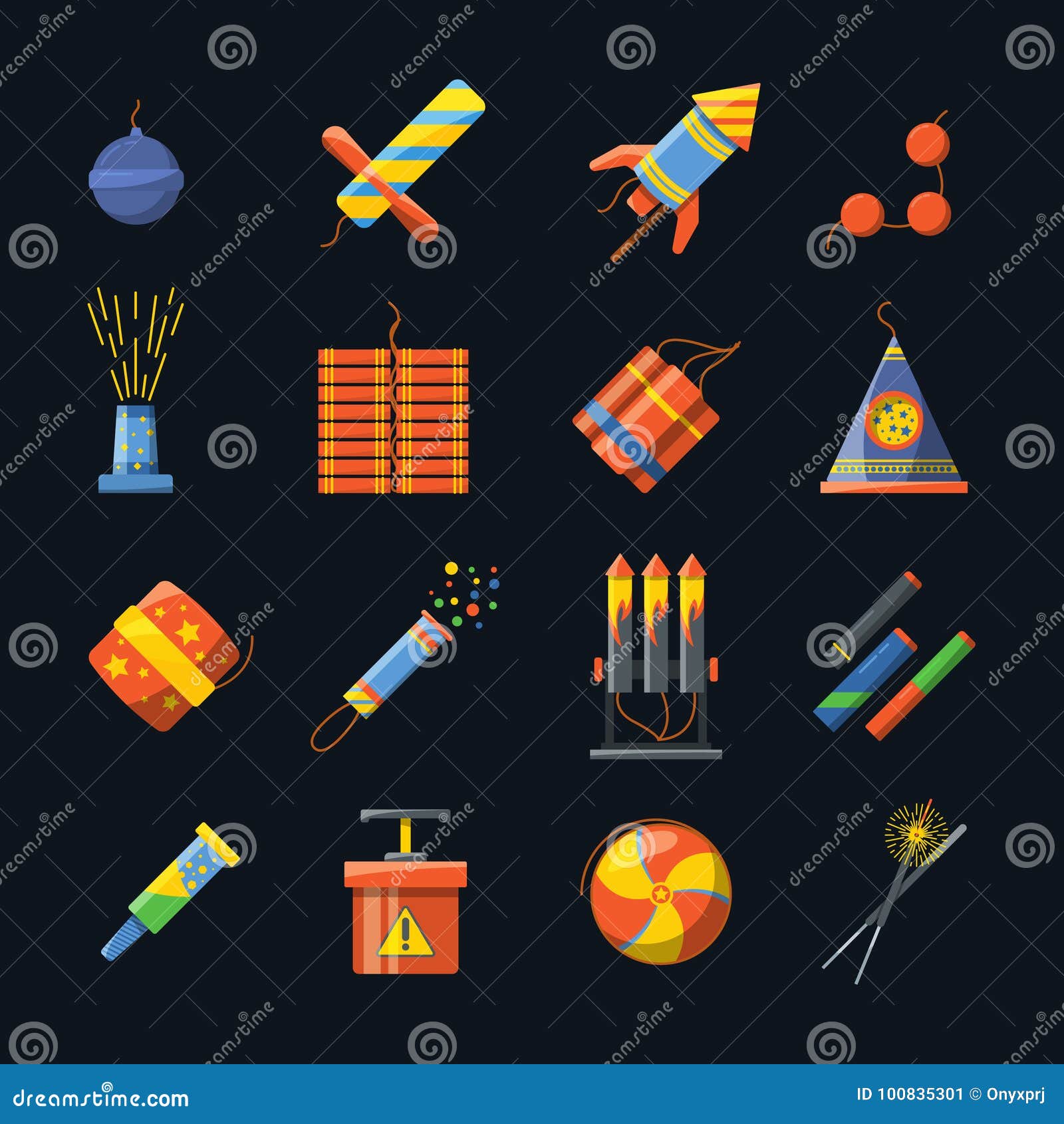 Pyrotechnics for Holidays and Different Tools for Fire Show. Vector ...