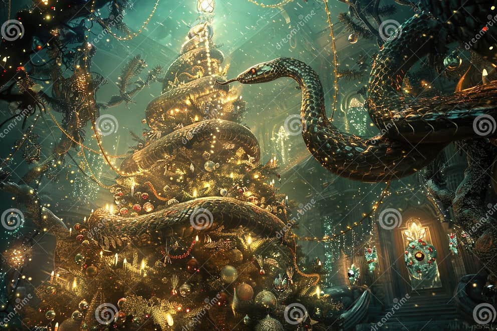 Python Entwined in Festive Christmas Tree Decorations with Warm Glowing ...