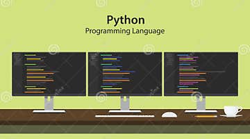 Python Programming Language Illustration with Program Code on Three Row ...