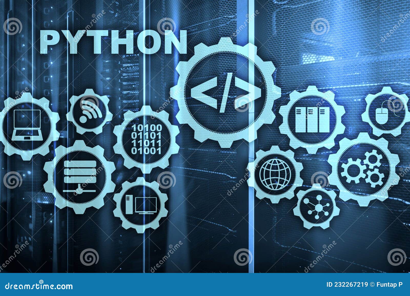 Python Programming Language on Server Room Background. Programing Workflow Abstract Algorithm ...