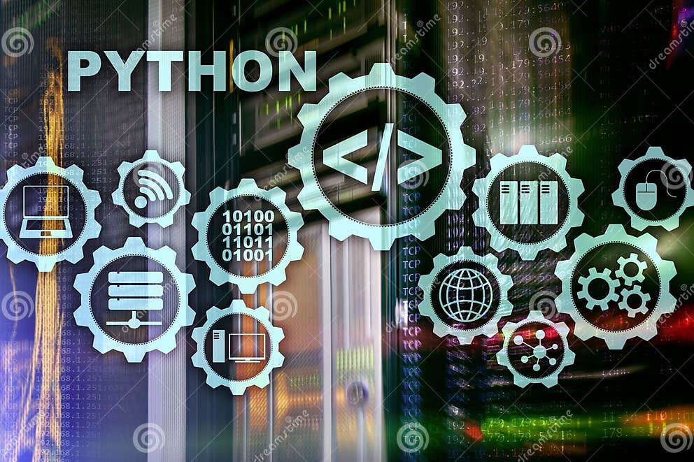 Python Programming Language on Server Room Background. Programing Workflow Abstract Algorithm ...