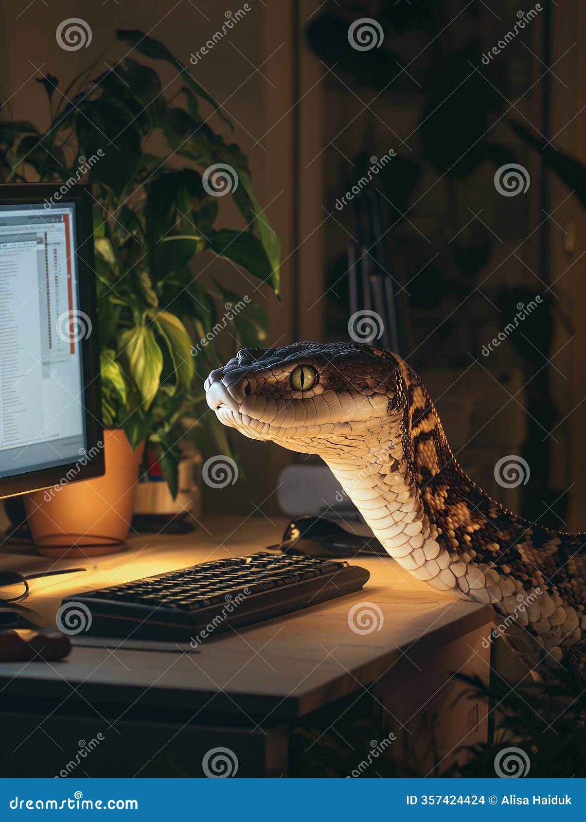 Python Snake Exploring a Tech Desk Generated AI Stock Illustration ...