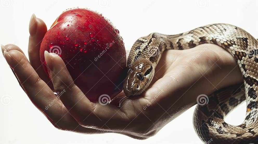 Python Snake Curled Around Hand Holding a Shiny Red Apple in Studio ...