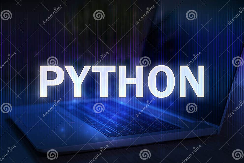 Python Text on Blue Technology Background with Laptop. Learn Python Programming Language ...