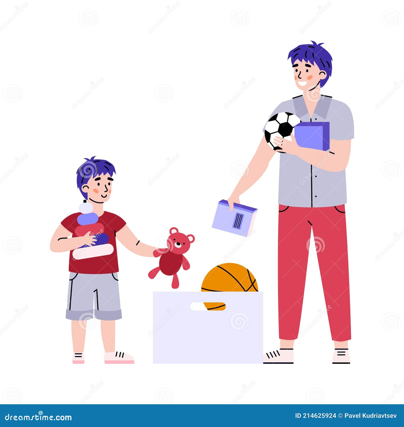 Père Et Fils Rangement Jouets En Boîte Dessin Animé Illustration