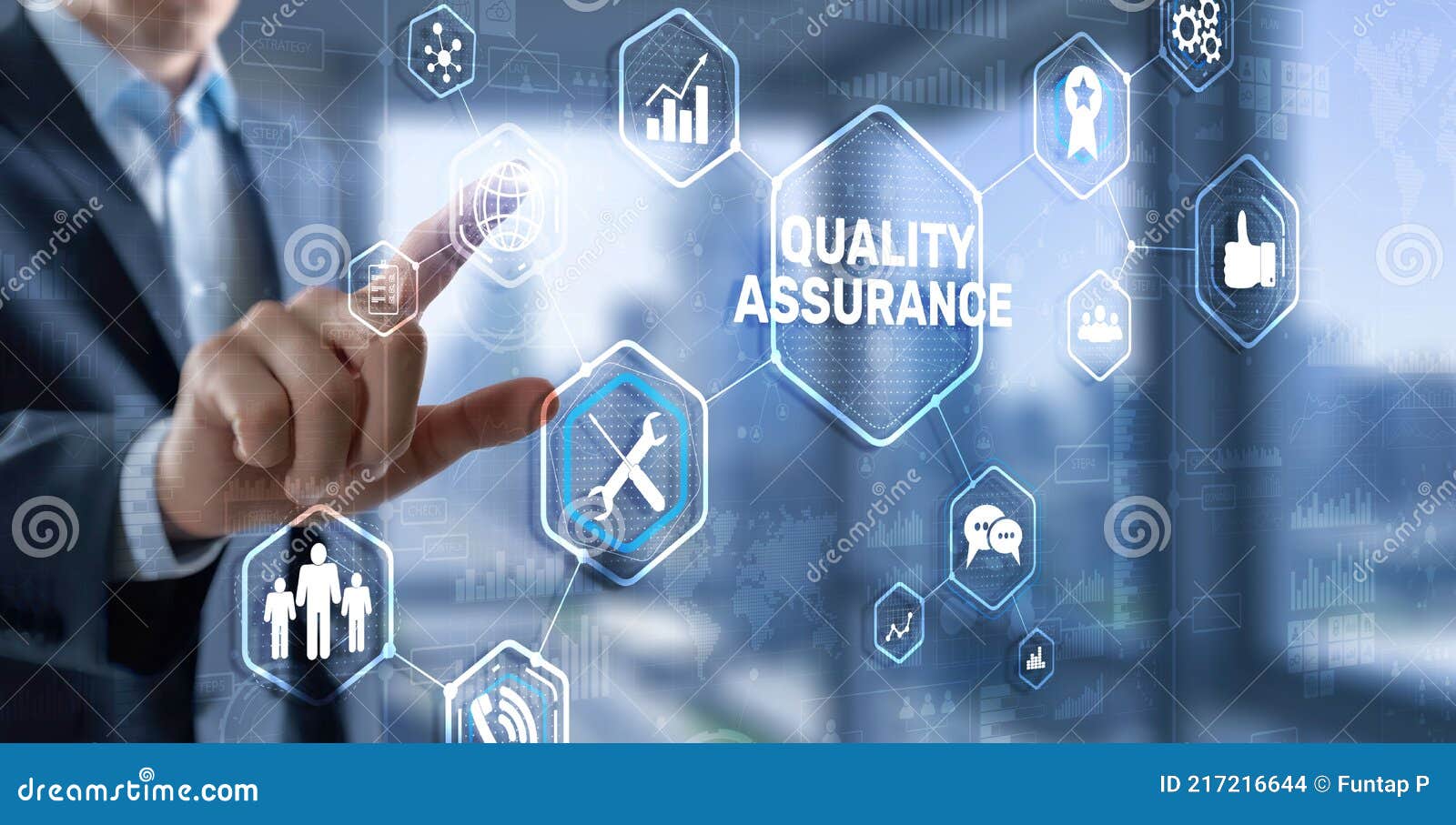 QA Businessman Pressing Quality Assurance Button on Virtual Screens ...