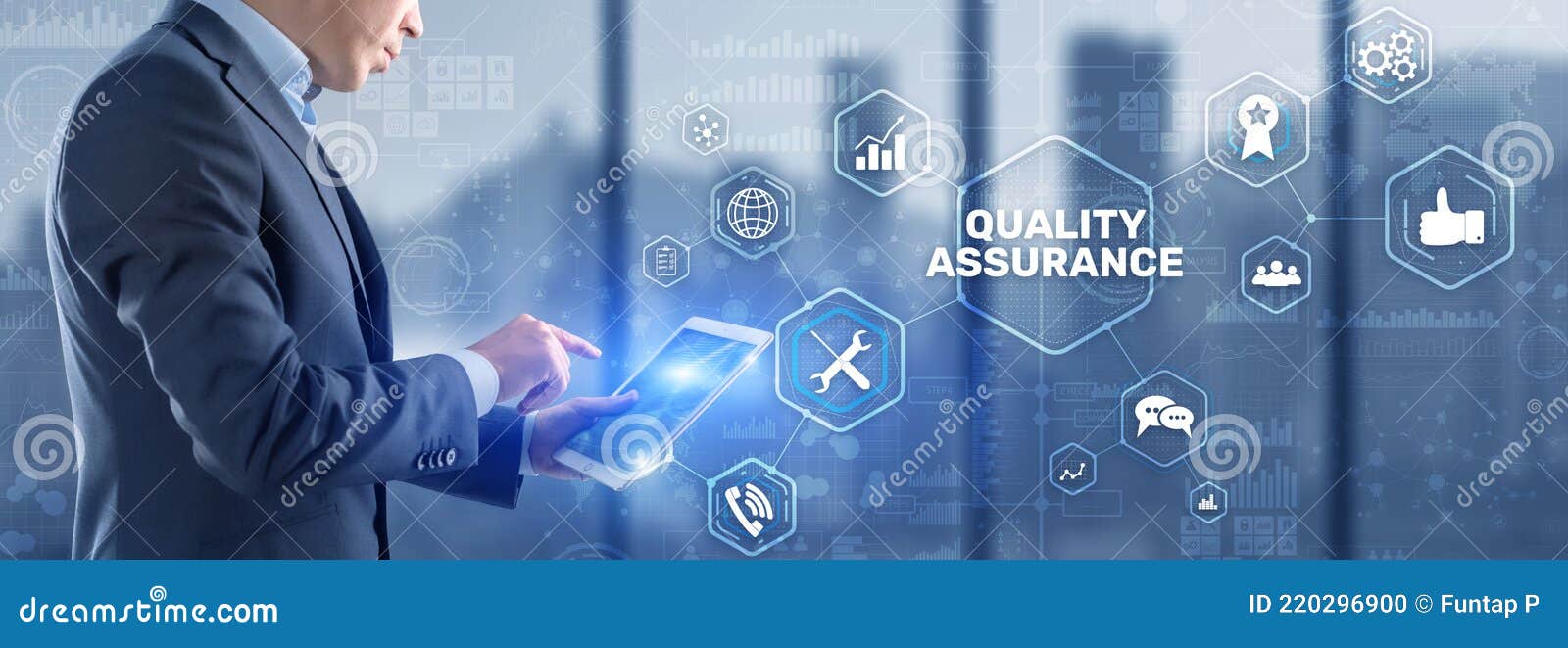 QA Businessman Pressing Quality Assurance Button on Virtual Screens ...